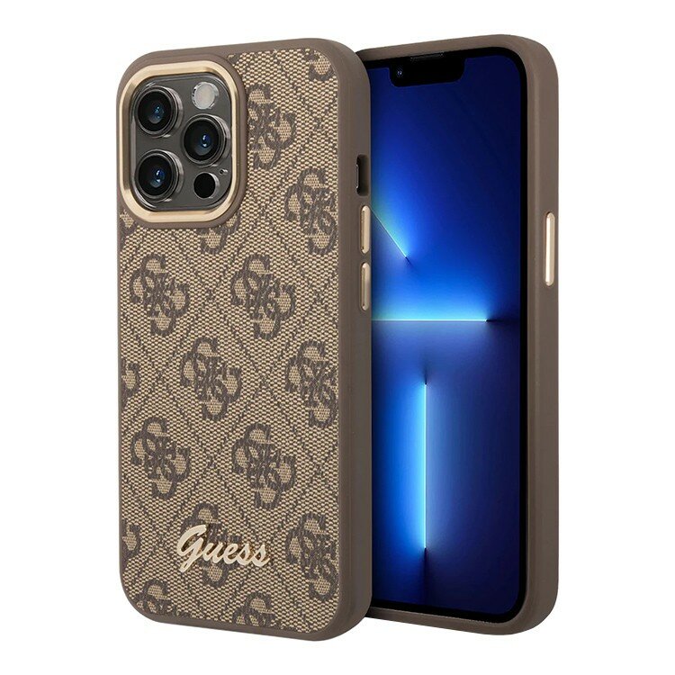 Guess чехол для iPhone 14 Pro, PU кожа 4G Script metal logo коричневый (Magsafe)