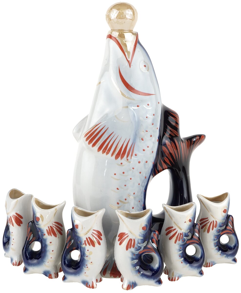 Графин и 6 стопок "Рыбы", штоф для водки синий. Фарфор, СССР, Полонное ЗХК, вторая половина 20 века