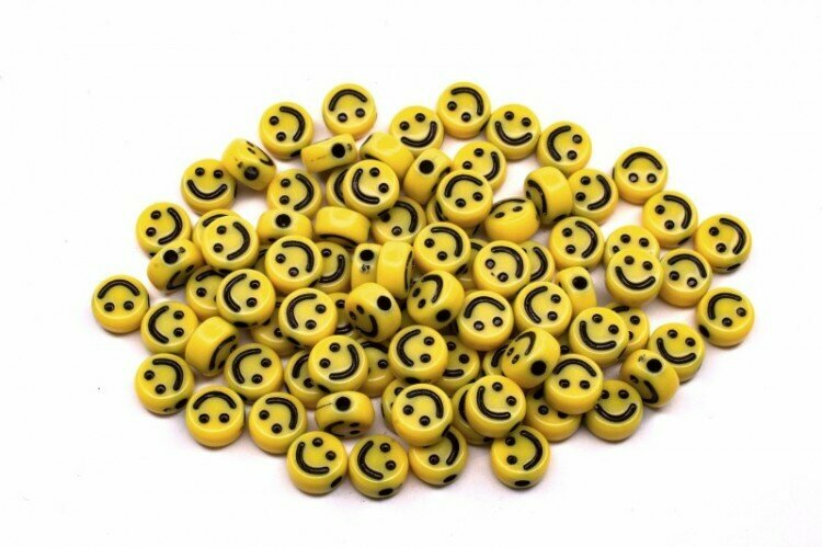 Бусины Смайлики 7х3,5мм, отверстие 1,5мм, цвет жёлтый/черный, пластик, 540-174, 10г (около 87шт)
