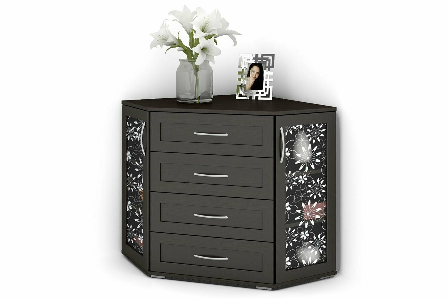 Комод Атос 4П стекло с пескоструйным рисунком, венге цаво, рамка квадро