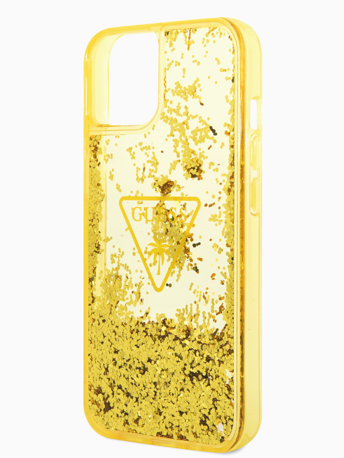 Guess для iPhone 14 чехол Liquid Glitter Triangle logo Hard Translucent Yellow