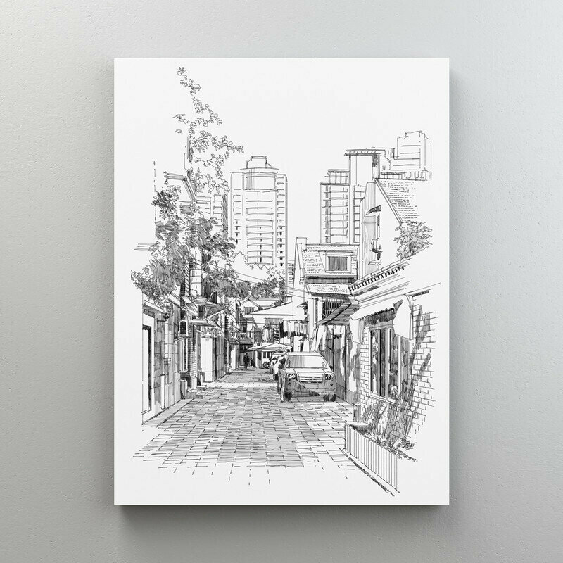 Интерьерная картина на холсте "Иллюстрация - старый город на фоне высоток" размер 45x60 см