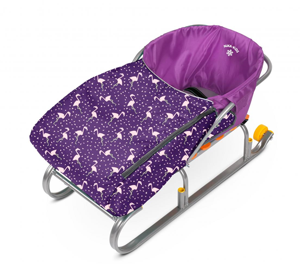 Сиденье для санок с чехлом для ног универсальное, принт: фламинго на сливовом фоне