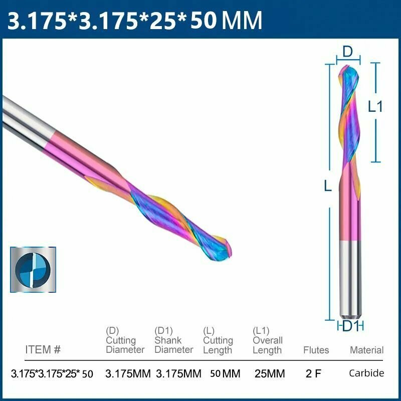 Фреза двухзаходная сферическая XCAN 3,175х25х50 мм, Ultra Surface