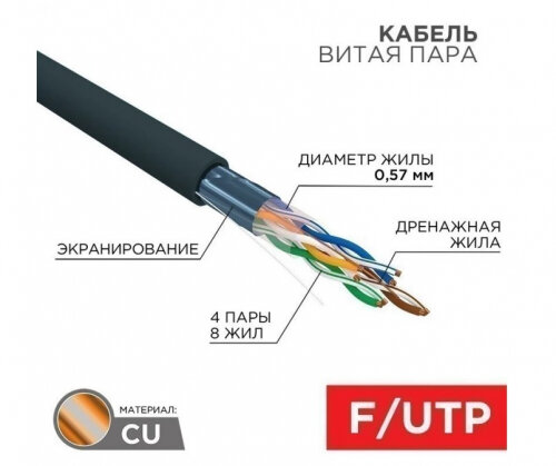 Кабель витая пара Rexant F/UTP 4PR, 23AWG, медь, CAT6, наружный (outdoor), бухта 305 м