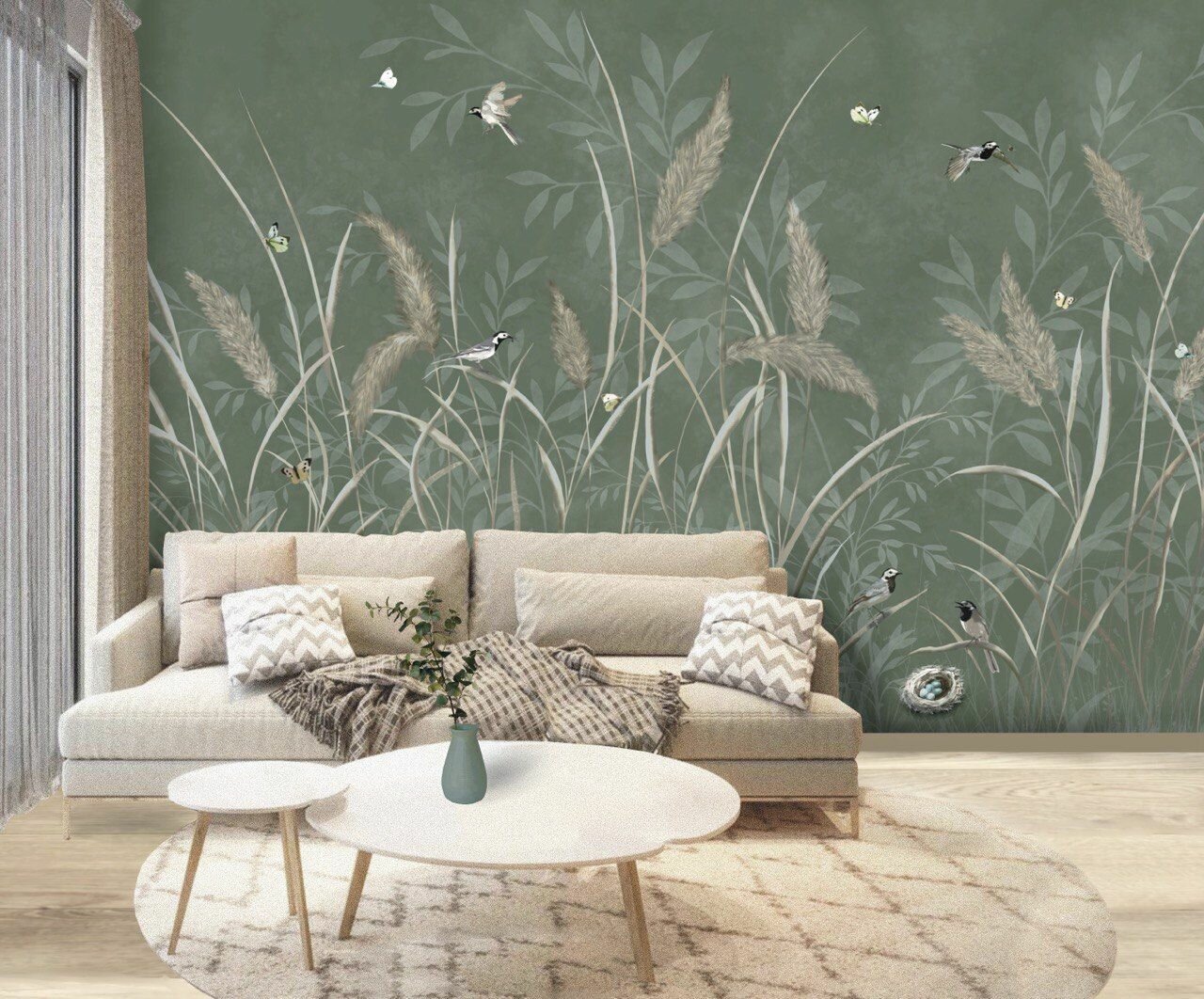 Обои бесшовные "Трясогузки" оливковый (ширина 2550мм х длина 6000мм)