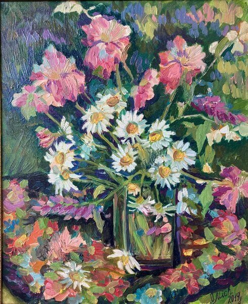Картина"Пионы и ромашки", 46х38 см; холст, масло; авторская работа