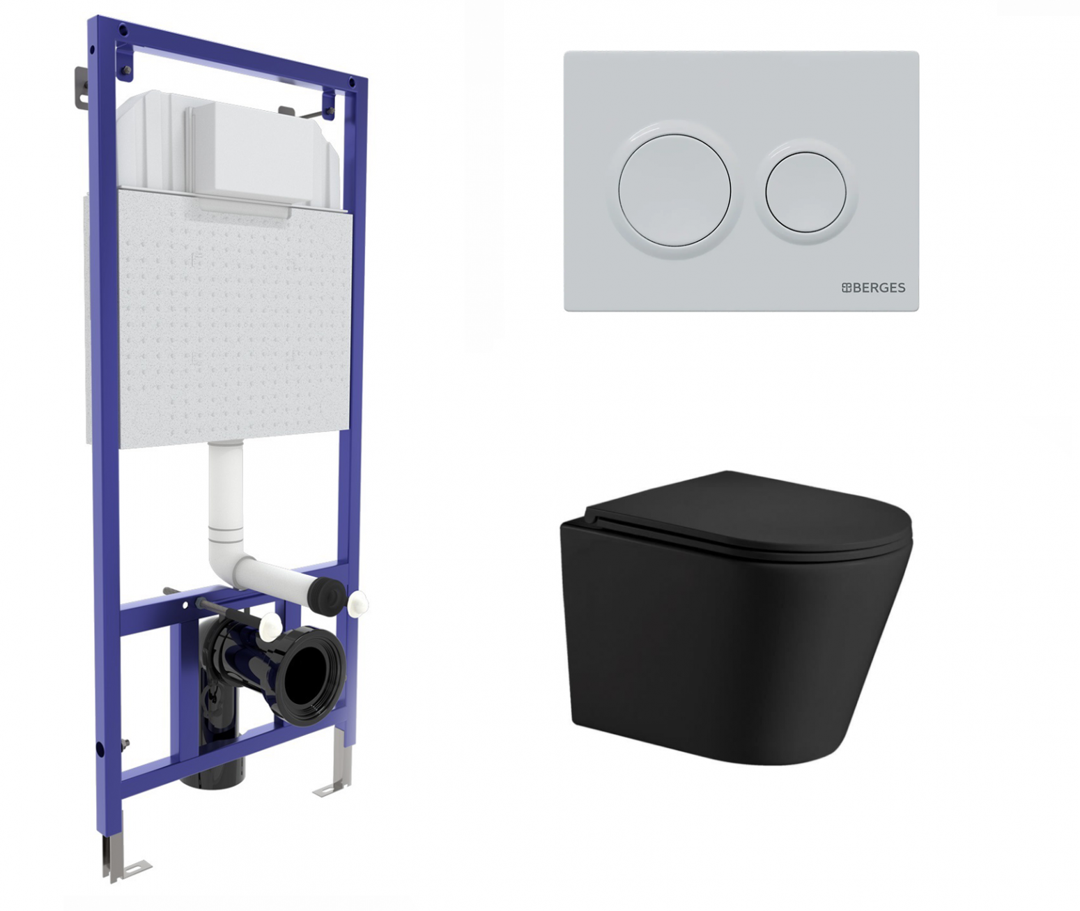 Комплект 3 в 1 инсталляция Berges Novum O4 + Подвесной унитаз WeltWasser Salzbach 043 MT-BL черный с кнопкой белой