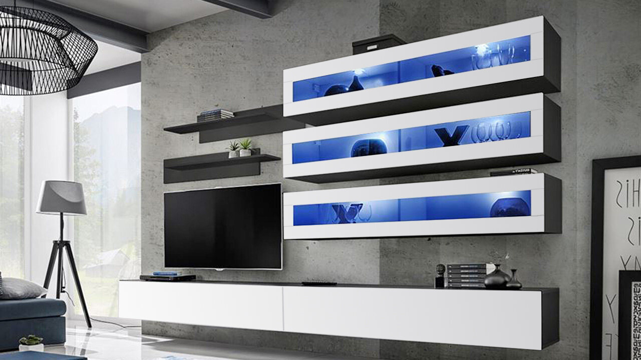 Гостиная 5 Белый Фасадный 0101 / Черный 0190 NEW 320x40x180 см, GOODFORM