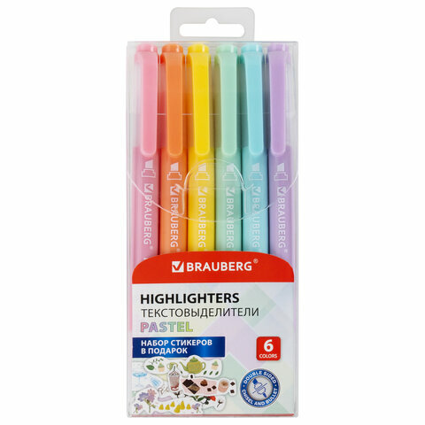 Набор текстовыделителей двусторонних 6 пастельных цветов, BRAUBERG "TWIN PASTEL", линия 1-5 мм, 152518