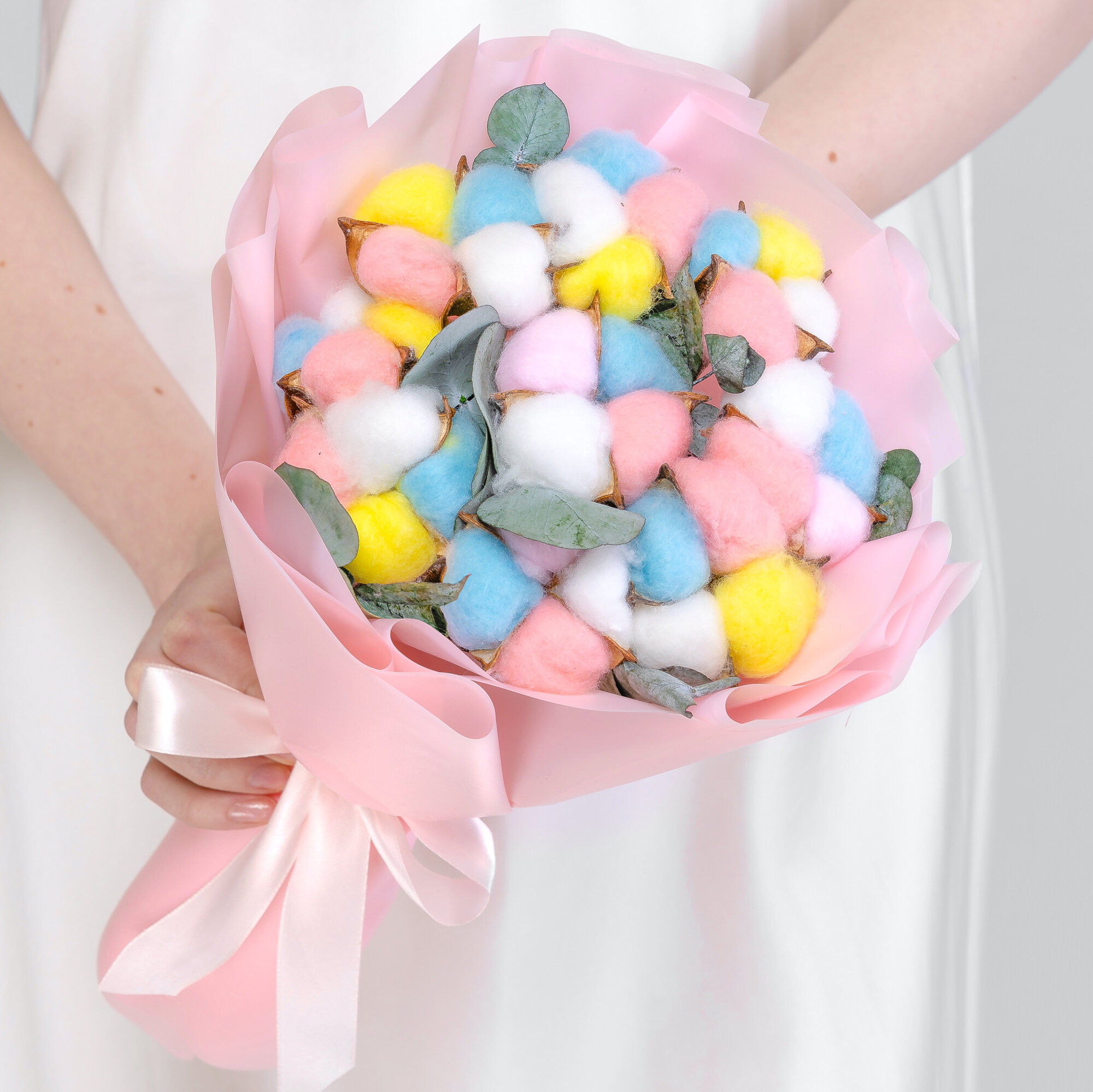 Букет сухоцветов Мегацвет24 "Радужный Хлопок", 9 шт, дизайнерская упаковка