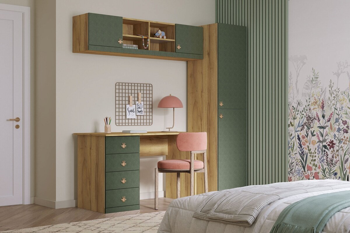 Детская стенка МебельЛэнд24 Скарабей - 12 МДФ Пантано 165x60x210 зеленый со шкафом со столом