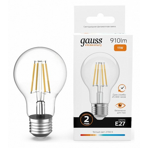 Gauss Elementary Filament ЛОН А60 Е27 11W(910lm) 2700К 105х60 прозр, стекло, нитевид 22211