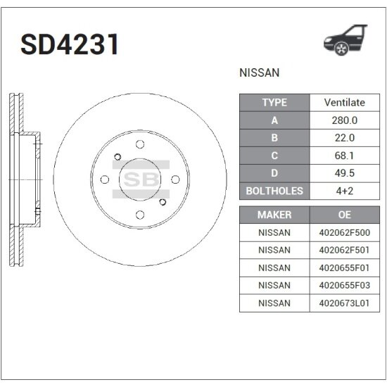 Диск тормозной передний Sangsin Brake для NISSAN Almera N16/Primera (P11), 1 шт