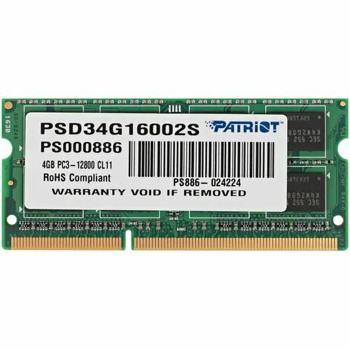 Оперативная память Patriot Signature (PSD34G16002S) SODIMM DDR3 4ГБ - DDR3, 4ГБх1, 1600 МГц, PC12800, тайминги: 11-11-11-28