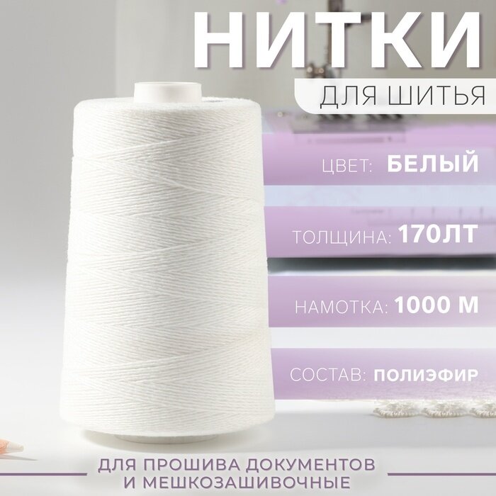 Нитки Sima-land толщина 170ЛТ, 1000 м, цвет белый №0101