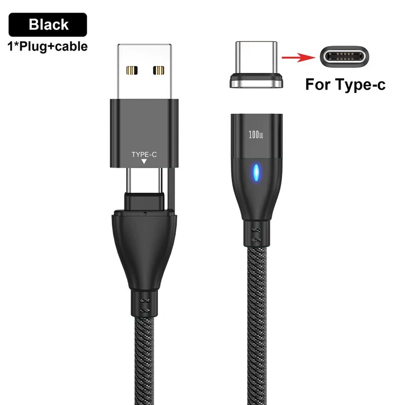 Магнитный USB-кабель типа C, 100 Вт, 5 А, кабель для быстрой зарядки Micro 1 м, Black for Type C