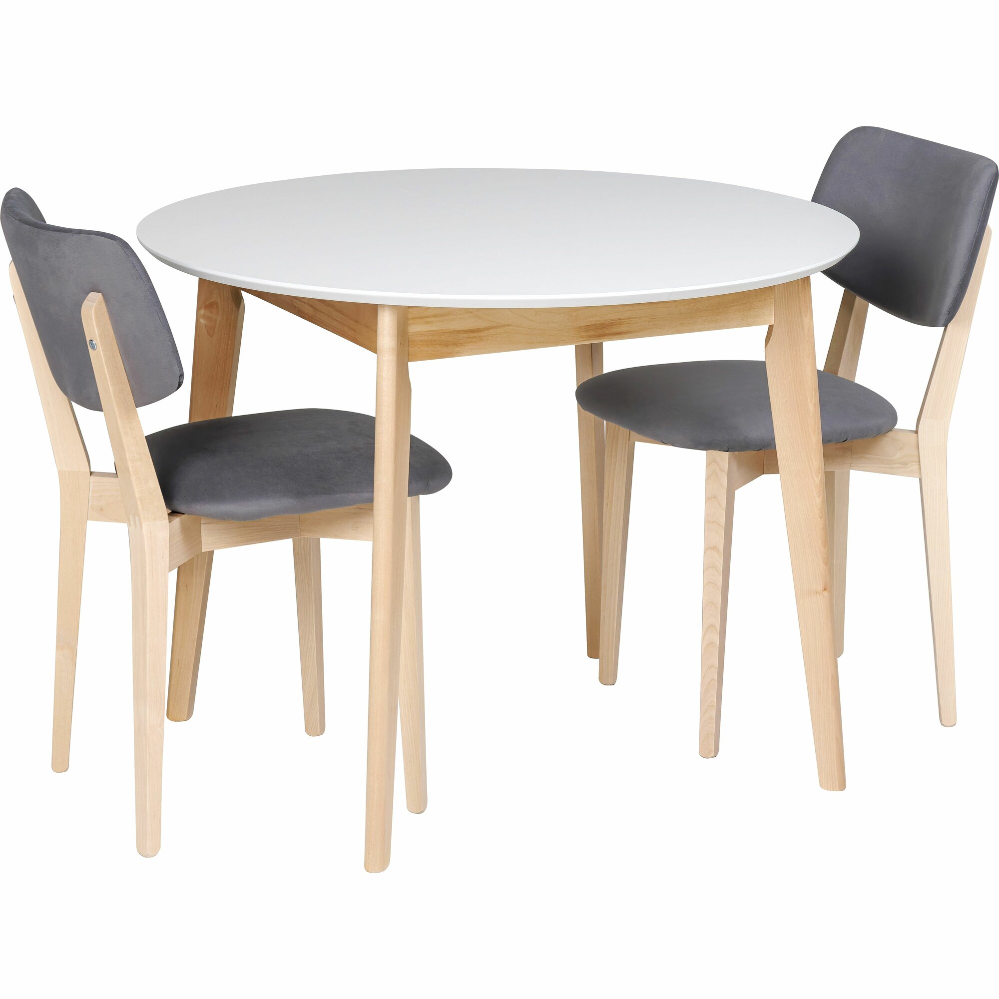 Обеденная группа стол раскладной Норден D100(130) х 100 см, Белый/Натуральный и 2 стула Мэти Натуральный/Серый велюр