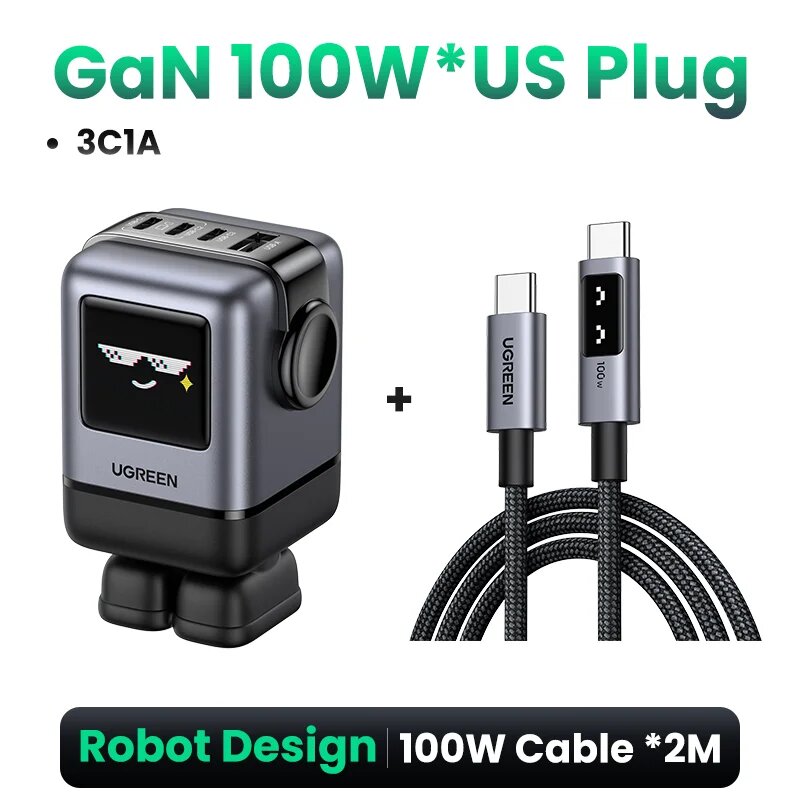 UGREEN Uno 100 Вт GaN Charger Robot Design QC4.0 3.0 PPS PD 3.0 Быстрое зарядное With 2M Robot Cable