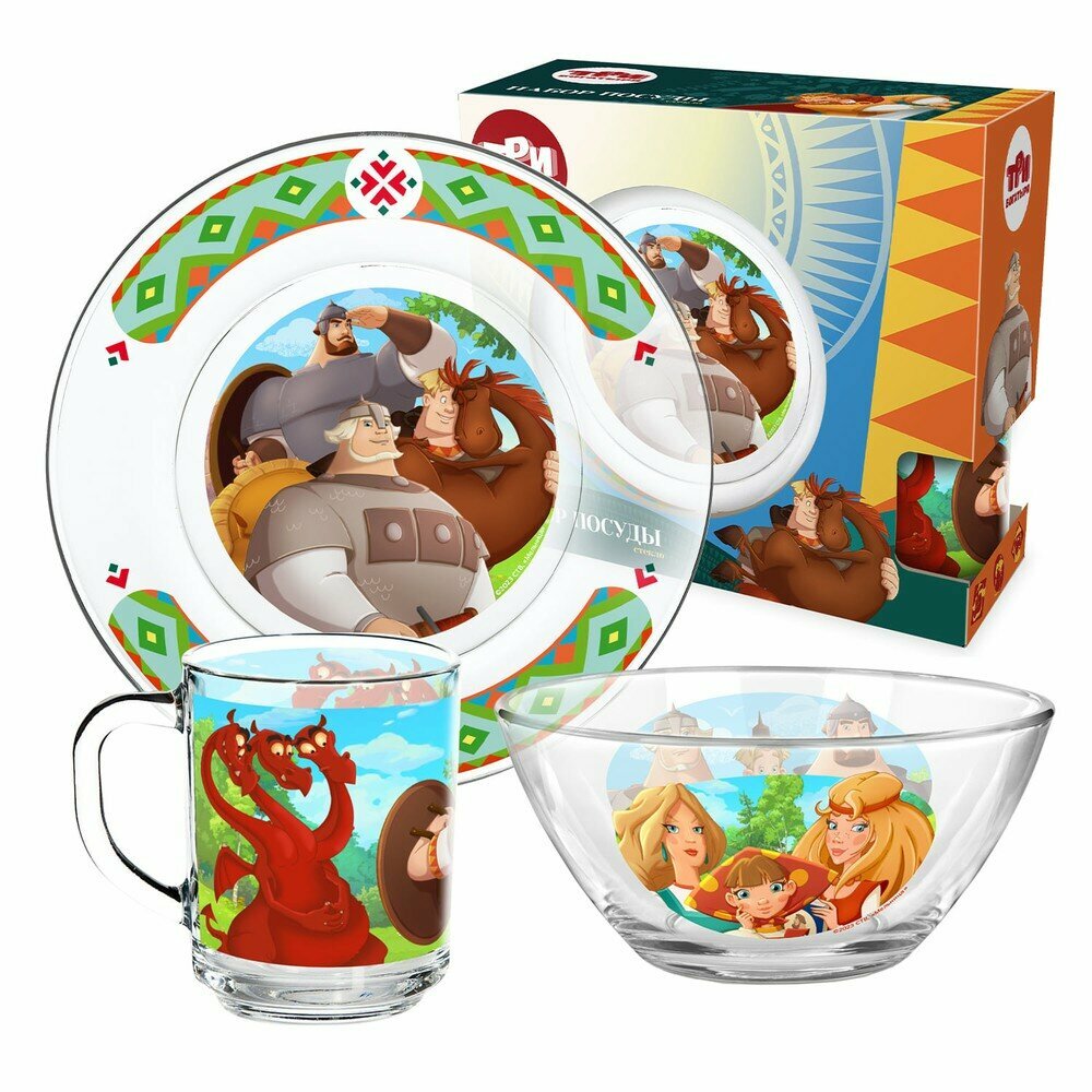 Набор детской посуды ND Play "Три богатыря" дизайн 2, в подарочной упаковке, 3 предмета, стекло