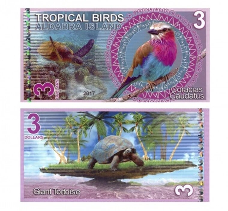 3 доллара 2017 остров Альдабра, тропические птицы, сувенирная копия боны, банкноты и купюры редкие коллекционные