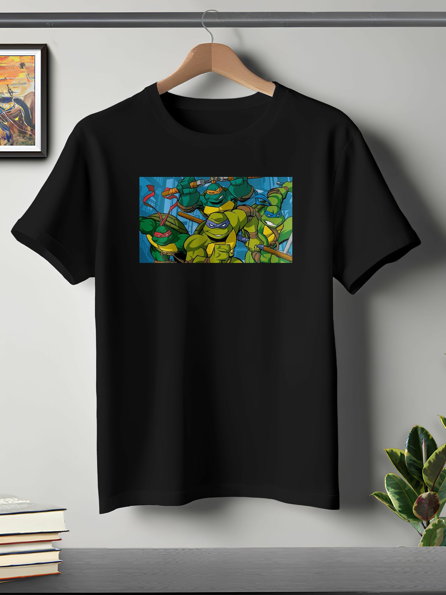 Футболка  Детская ONEQ 128 (8-9) размер с принтом Черепашки ниндзя, черная