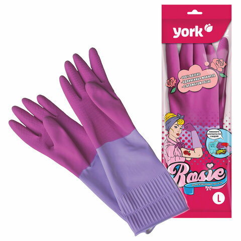 Перчатки резиновые, х/б напыление, рифленые пальцы, размер L, Роза, 75г прочные, YORK, 92370
