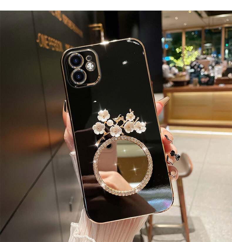 Чехол-зеркало Promax, для iPhone 16, зеркальный цветок, черный