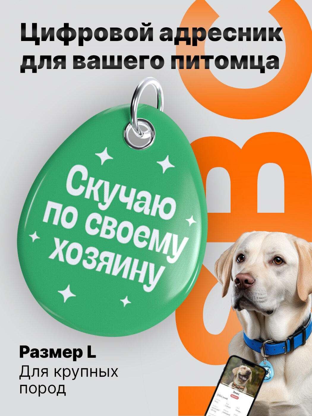 Адресник для собак средних и крупных пород от ISBC с NFC и QR-кодом, Скучаю по своему хозяину, зелёный
