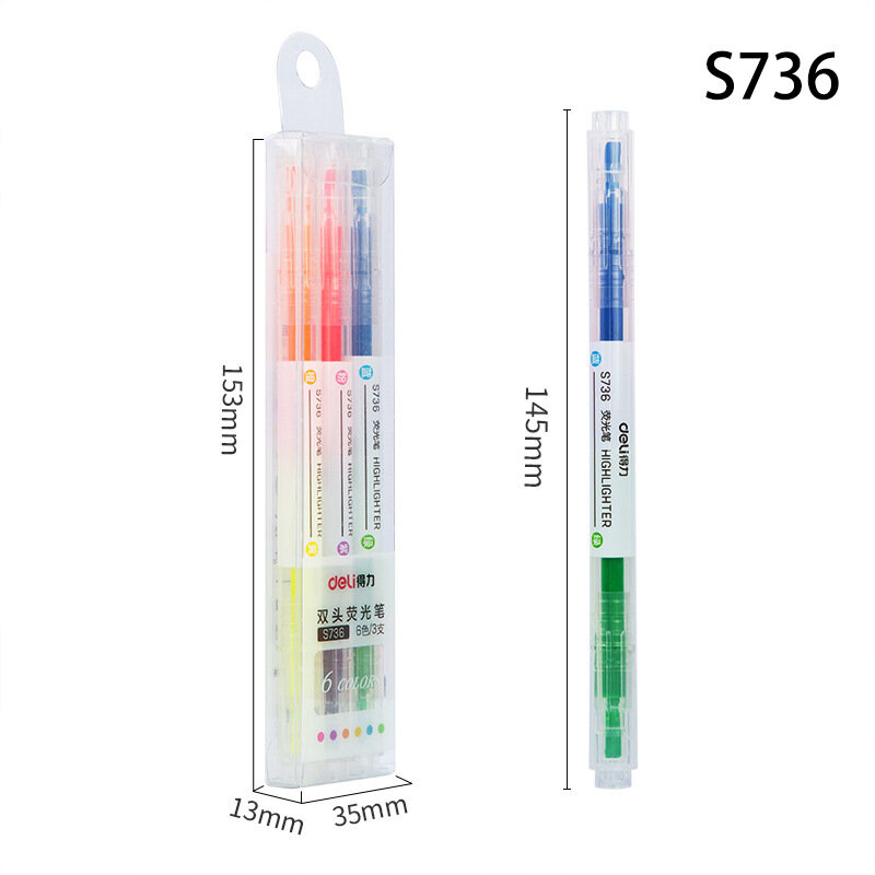 Маркер Deli S736, двухцветный, хайлайтер, для заметок, с двойной головкой, 3 шт
