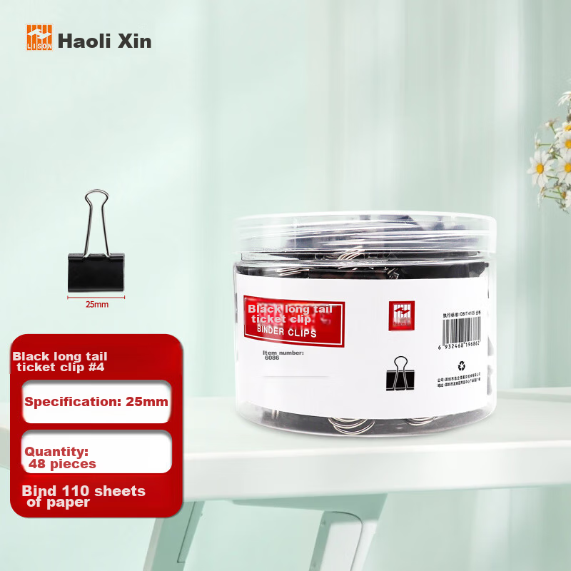 LISON 48 Pieces 25mm Black Long Tail Clips Binder Clips, #4 Metal Binder Clips for Documents, Office Supplies, Medium Size, 48 Pieces/tube, 6086