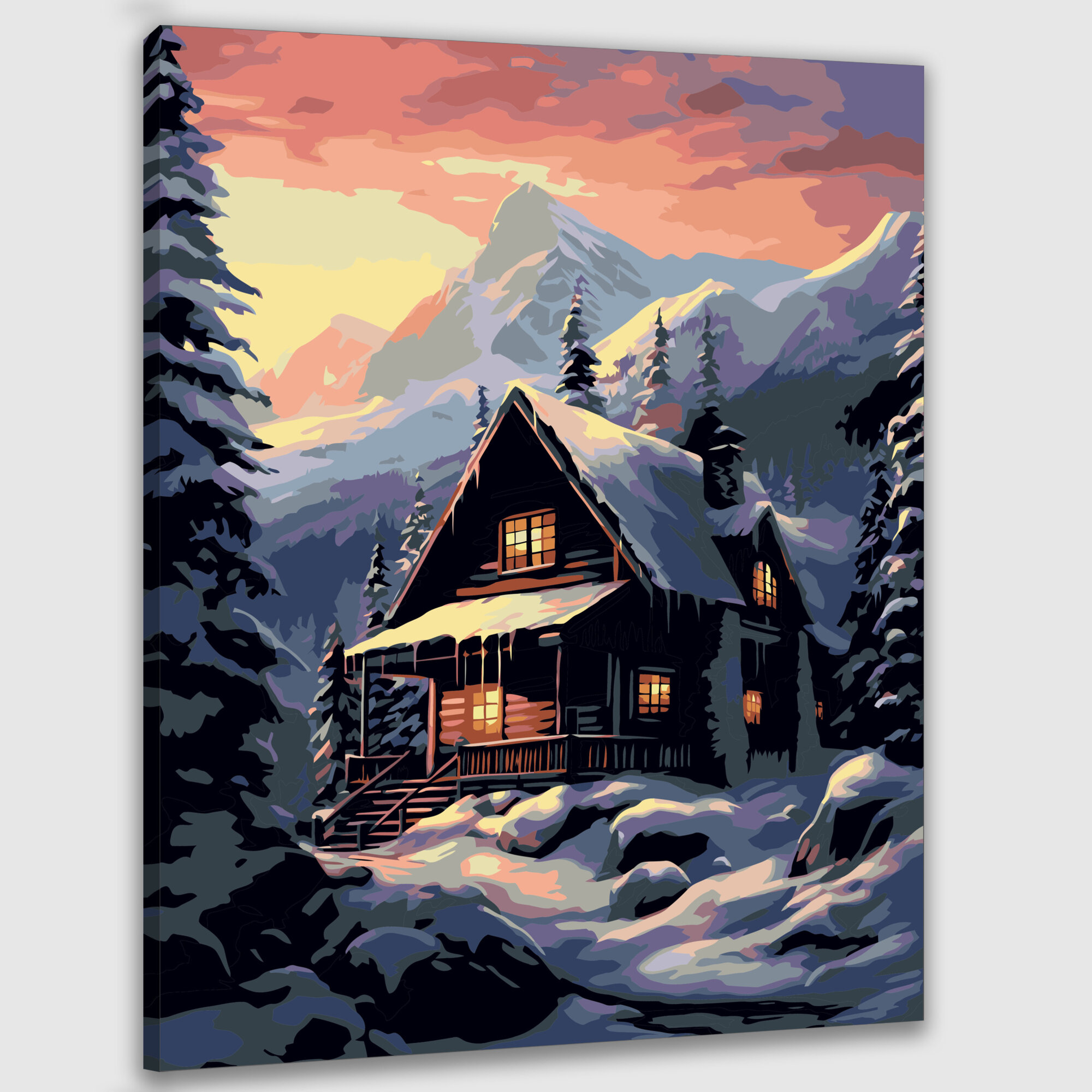 Картина по номерам 40x50 см, фотография, домик, заснеженные горы, дым, труба, окна, свет, уютная атмосфера