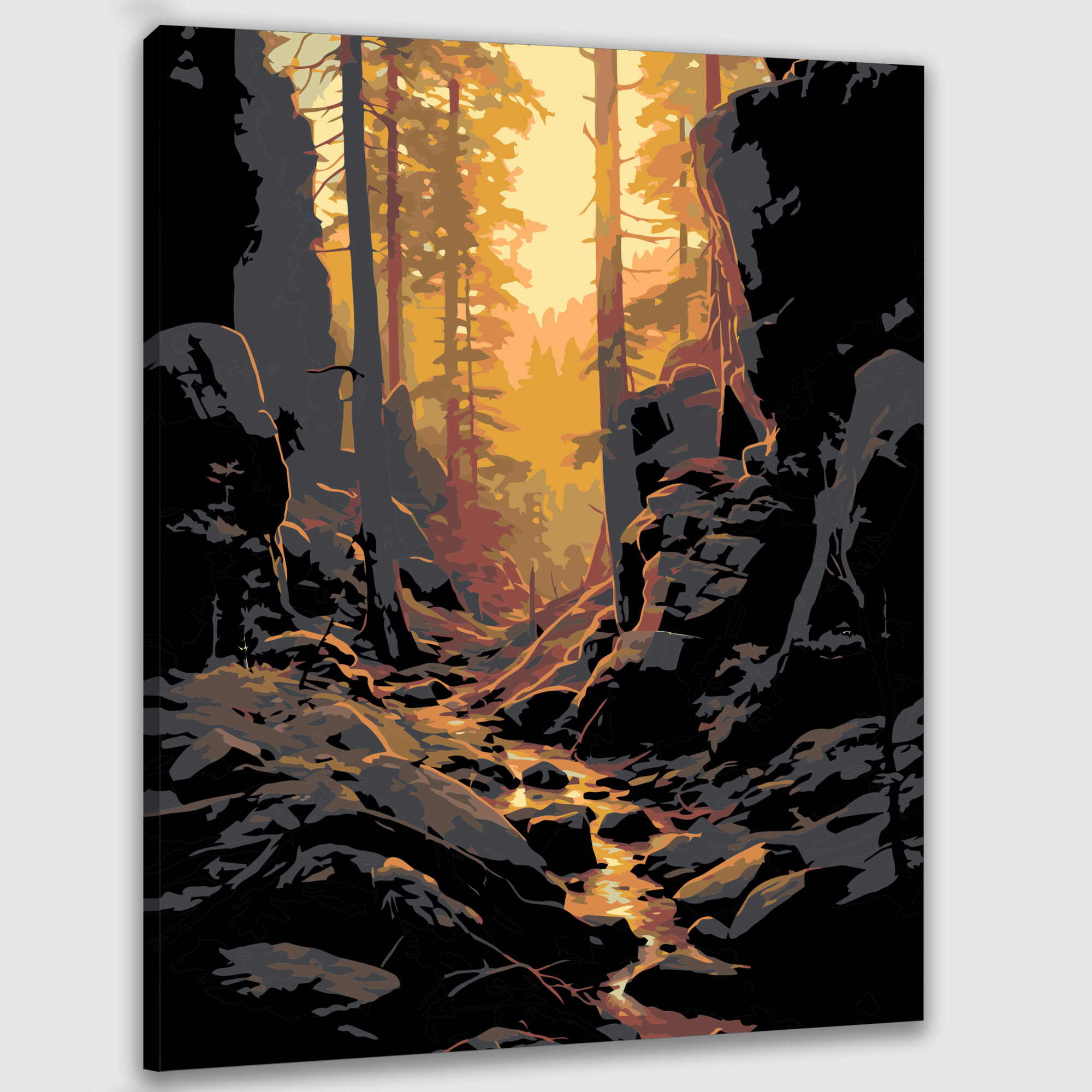 Картина по номерам 40x50 см, картина, масло, лес, сумерки, свет, солнце, листва, деревья, навес, золотистое сияние
