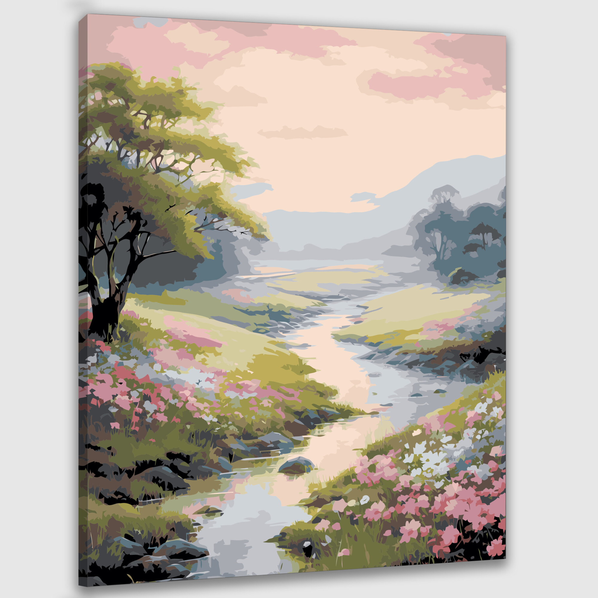 Картина по номерам 40x50 см, воздушная акварельная илл, весенний пейзаж, извилистая река, зеленые луга, полевые цветы