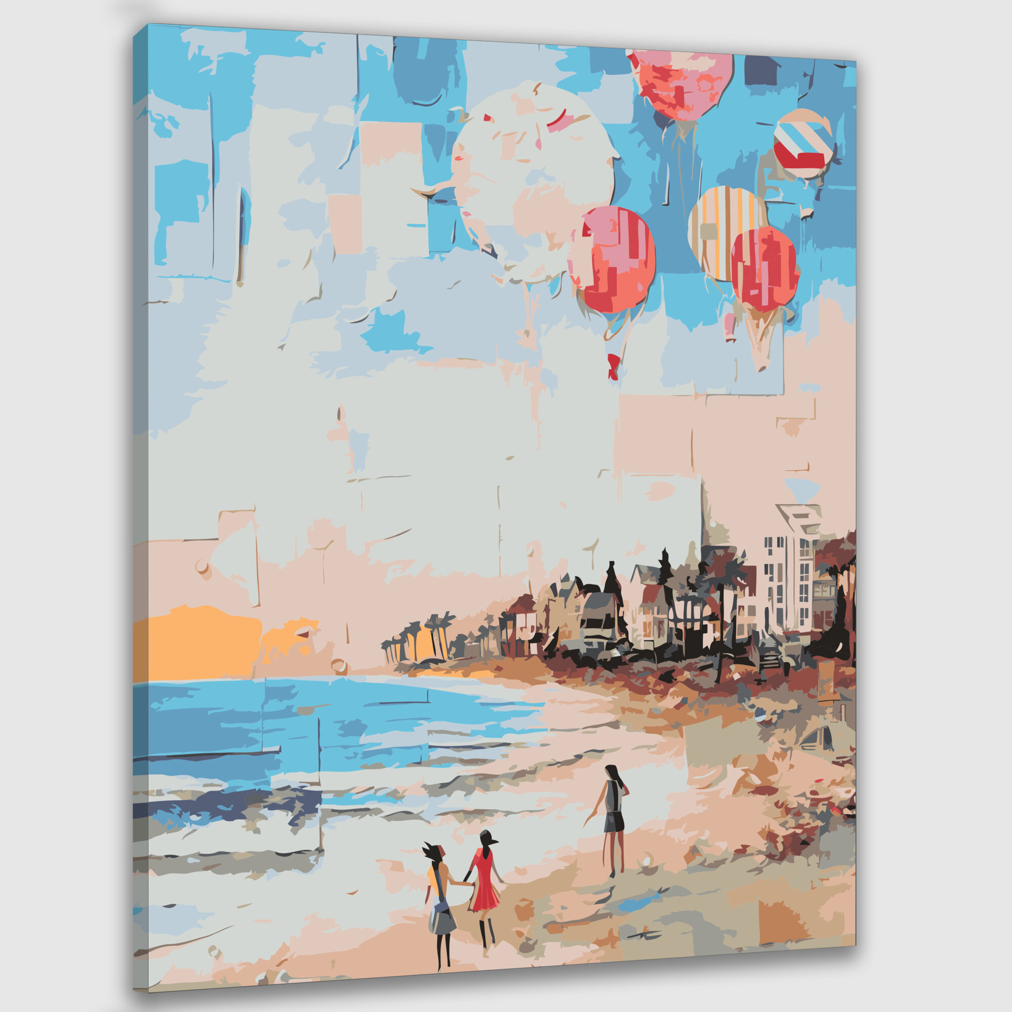 Картина по номерам 40x50 см, картина, смешанная техника, коллаж, текстурированная бумага, побережье, променад, люди