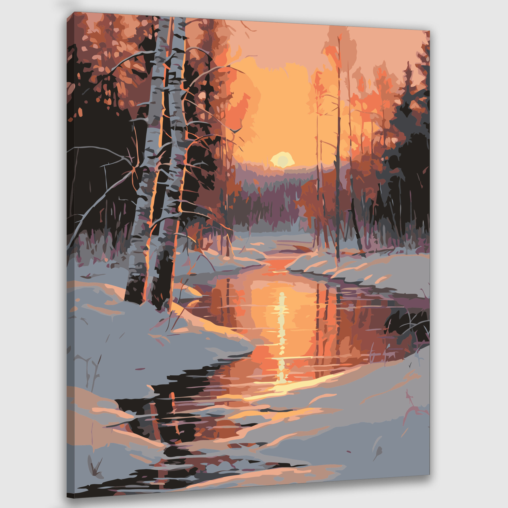 Картина по номерам 40x50 см, картина, масло, зимний пейзаж, золотое сияние, заснеженные деревья, замерзшее озеро