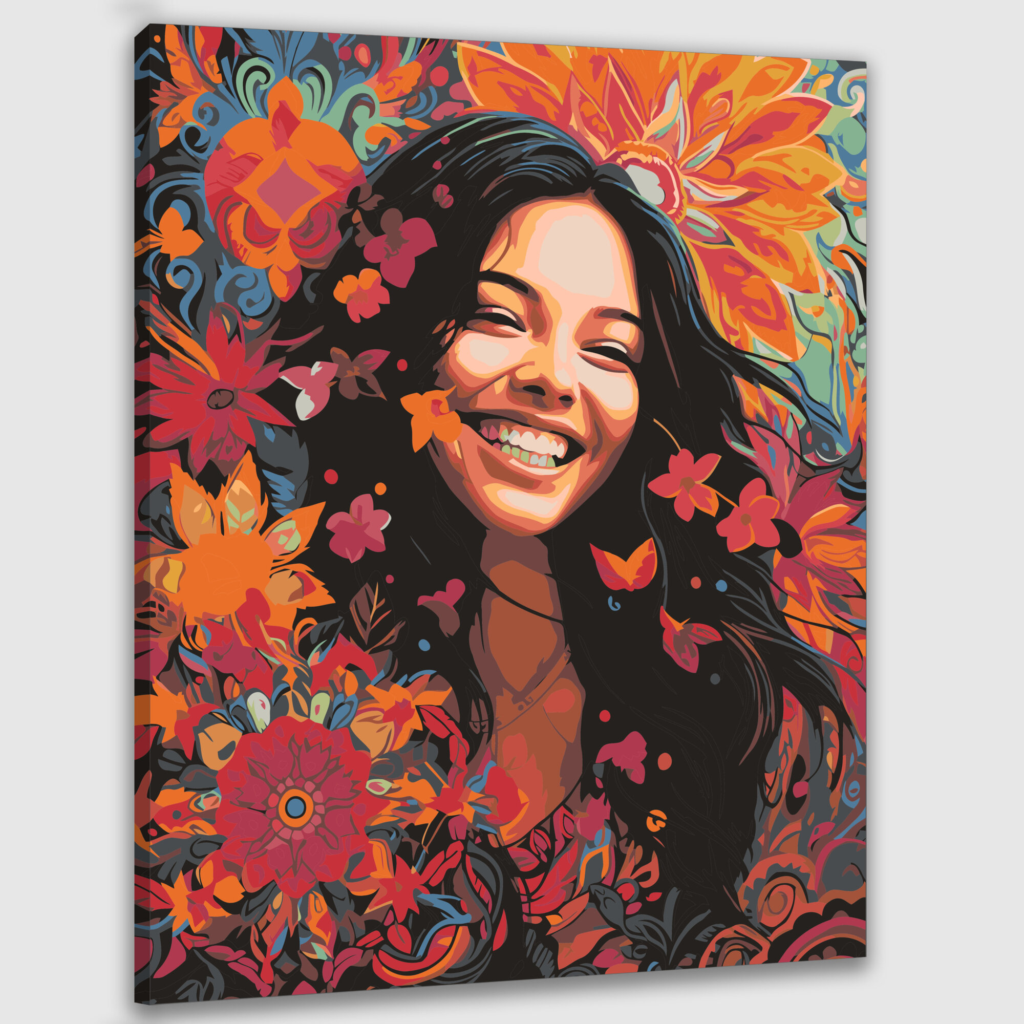 Картина по номерам 40x50 см, девушка, улыбка, акриловая картина, узоры из хны, яркие цвета, радость, счастье, лицо