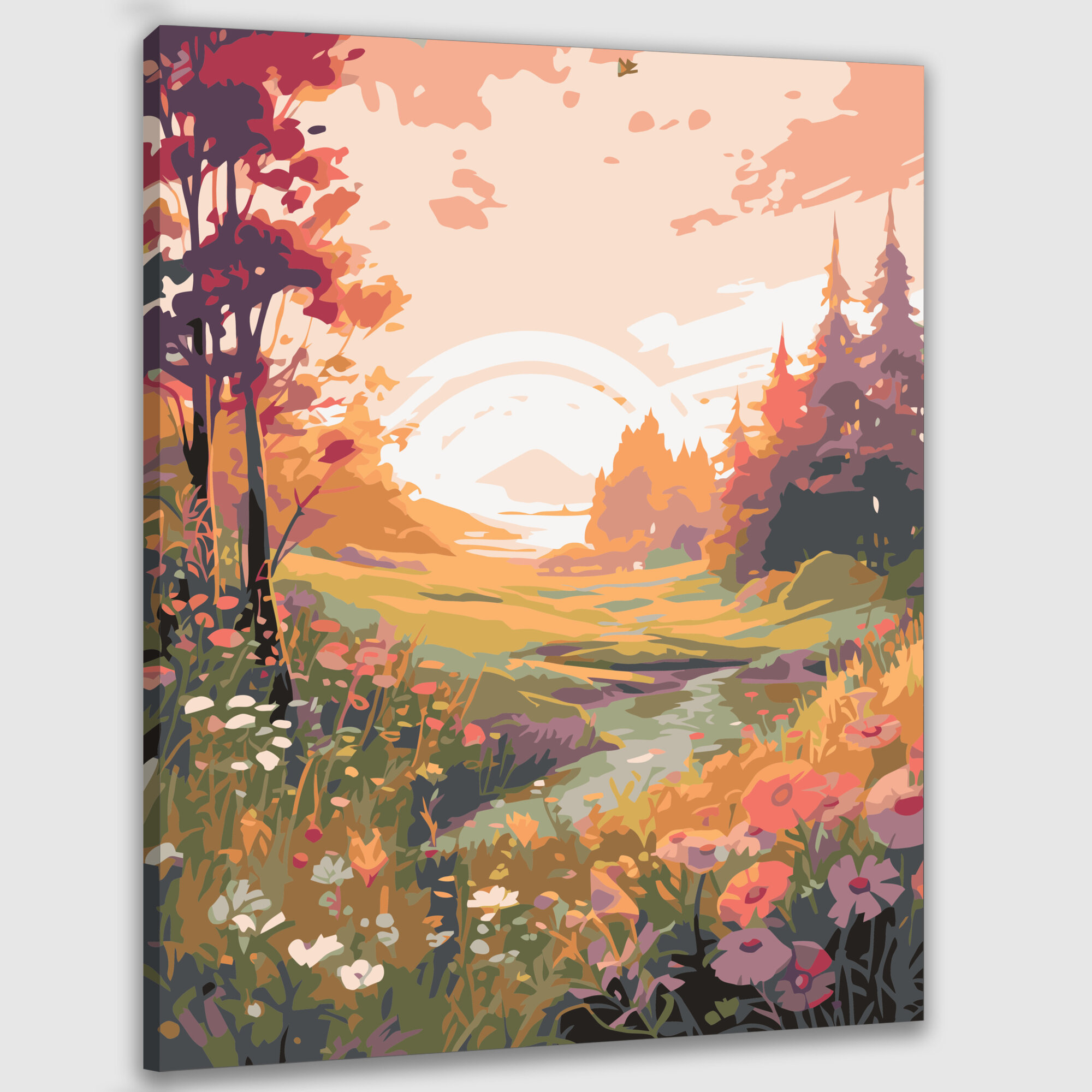 Картина по номерам 40x50 см, картина, иллюстрация, гуашь, луг, закат, пастельные тона, ветерок, полевые цветы