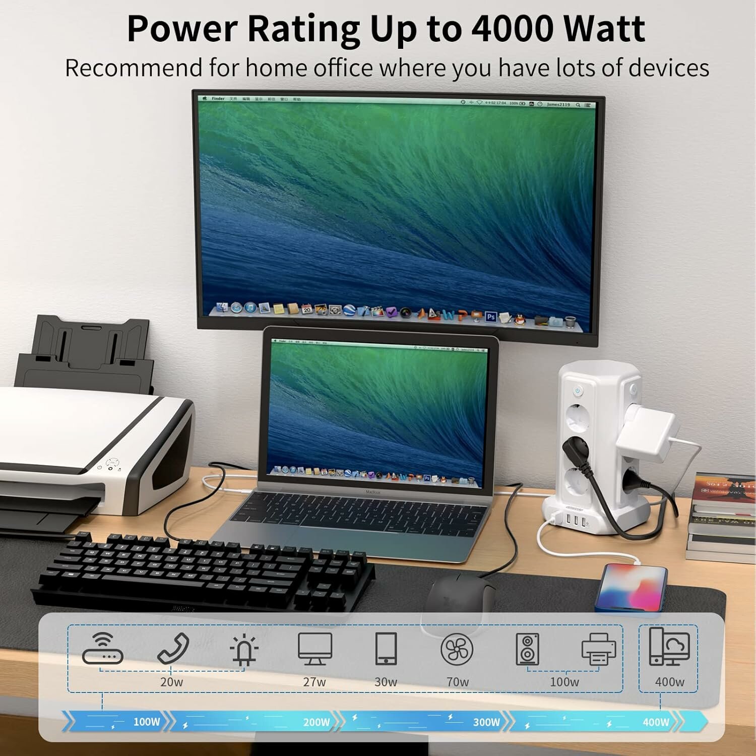 Сетевой фильтр с выключателем NTONPOWER LSP Удлинитель сетевой, 12 розетки 4USB, 16A 4000W 3 м удлинитель, Множественная защита безопасности, белый