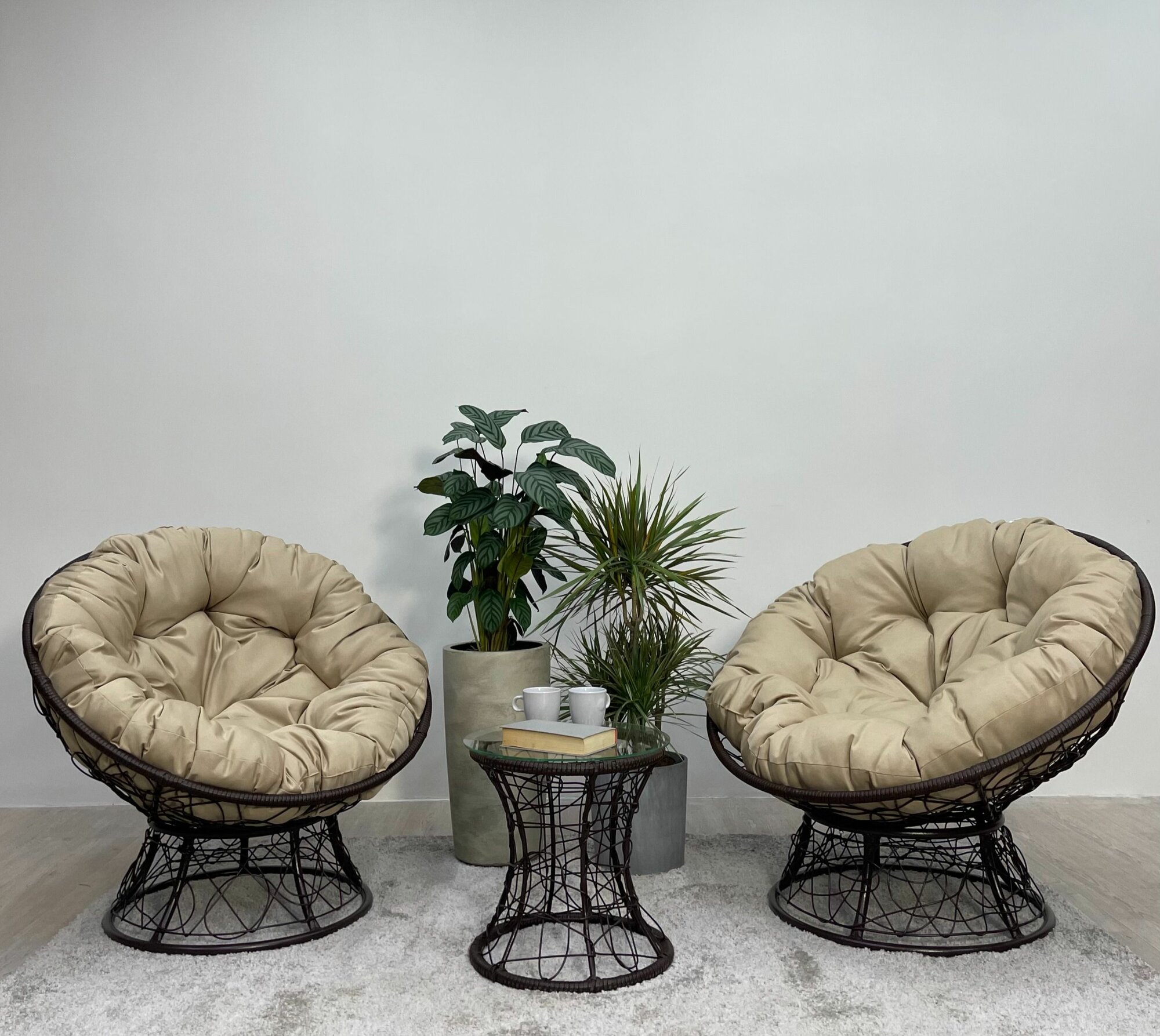 Набор садовый папасан плюс коричневый 2 кресла, столик, 2 подушки (бежевый, полиэстер)