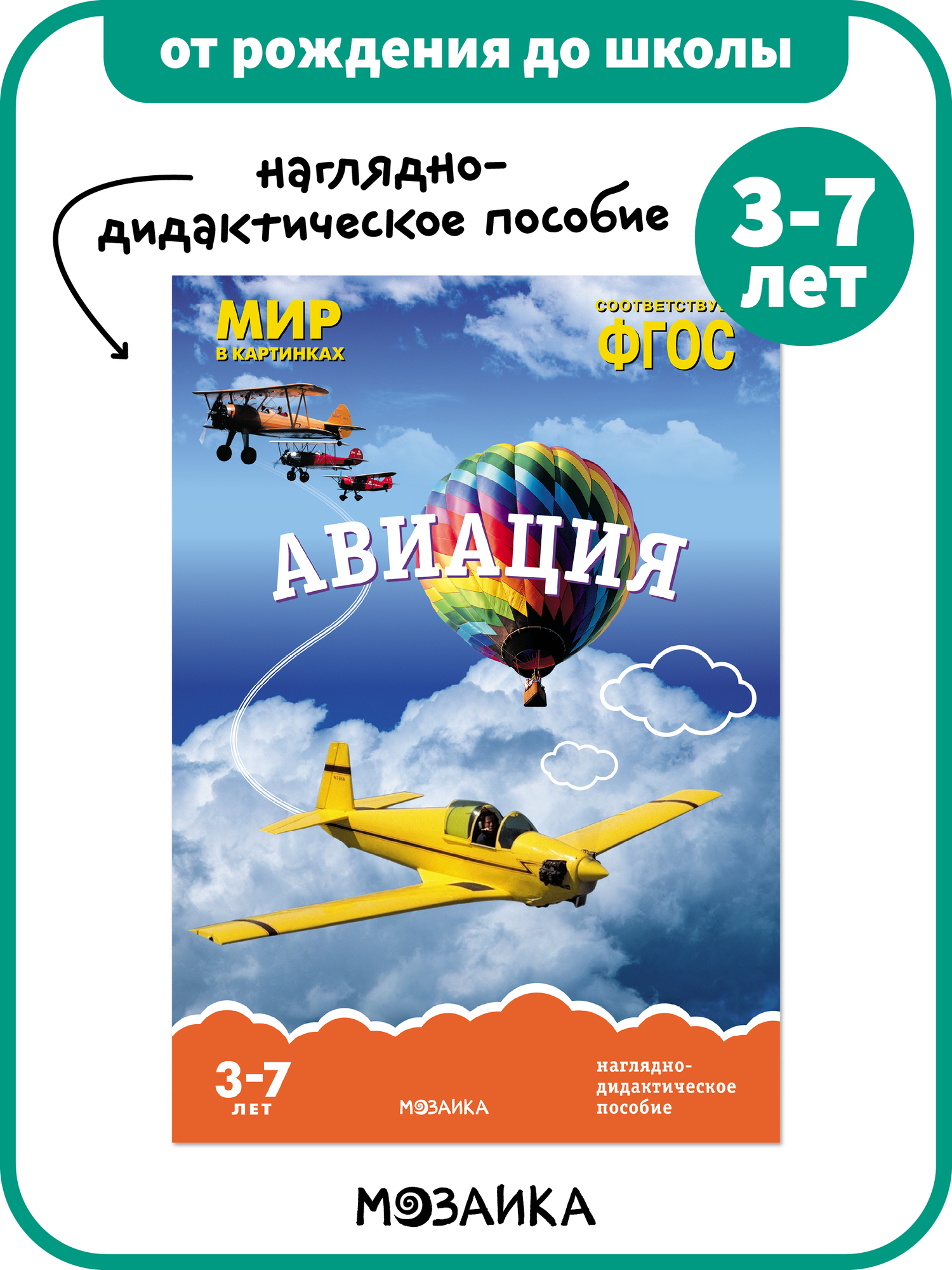Наглядно-дидактическое пособие в папке от рождения до школы для детей 3-7 лет, Мир в картинках, Авиация, ФГОС
