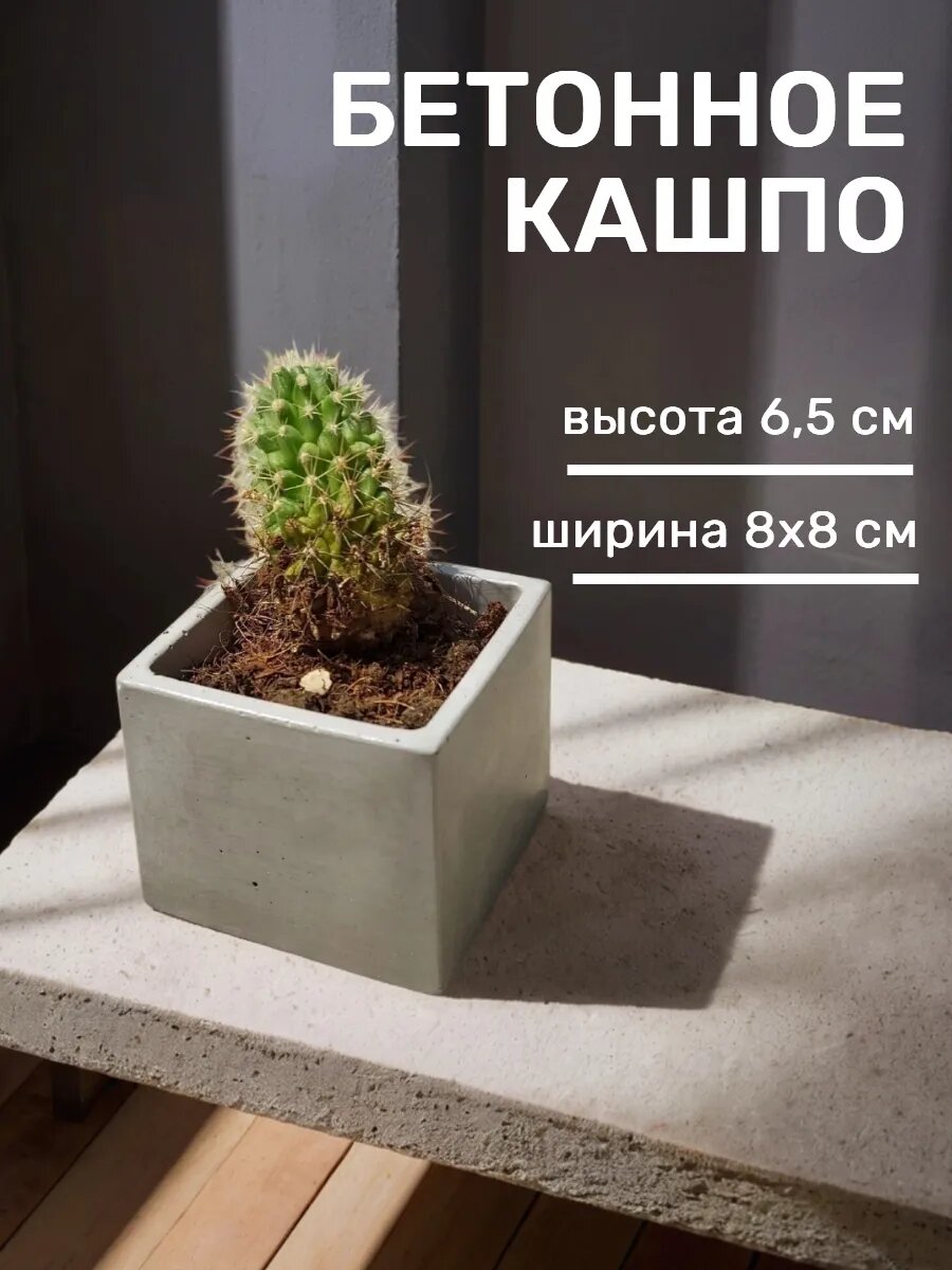 Бетонное кашпо 8х8 см квадрат сканди, цвет серый, высота 6,5 см