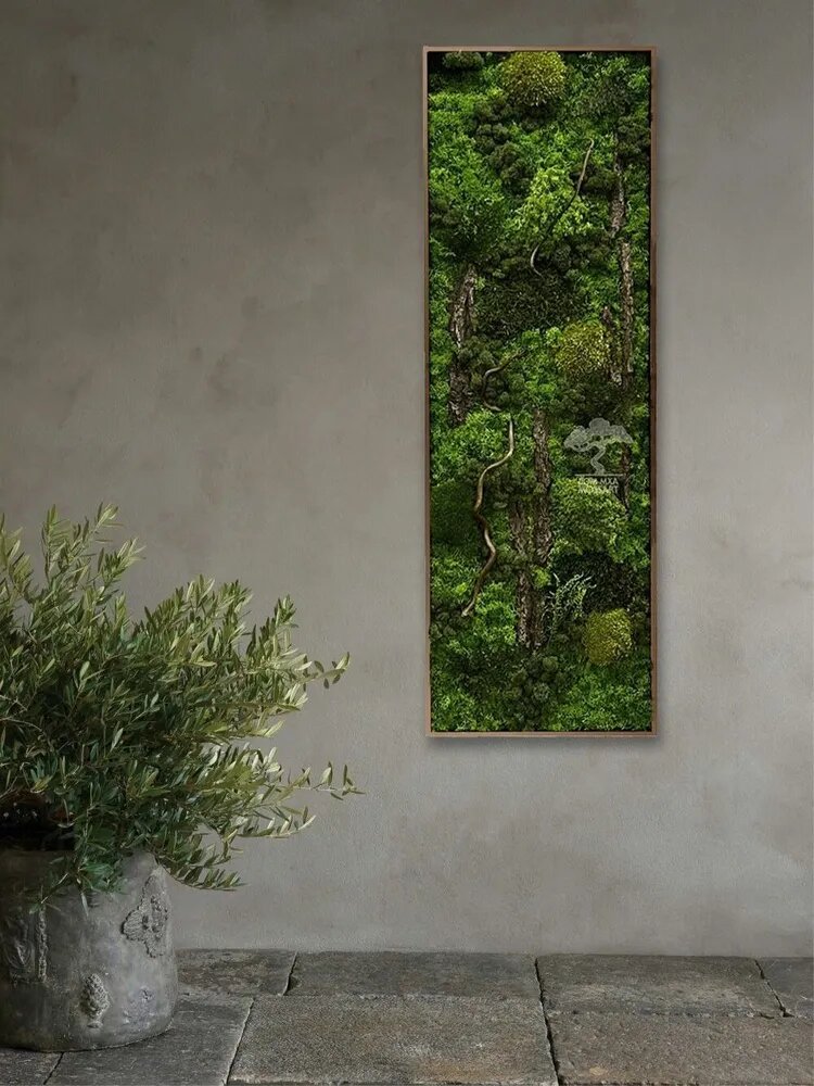 Панно/картина в раме "На опушке" Соло из стабилизированного мха и растений, Венге, 117*40 см.