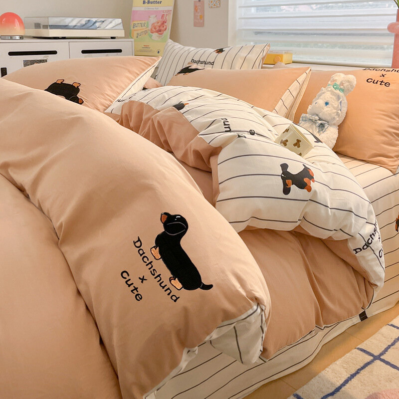 Постельный комплект Richard Lee "Такса", 4 предмета, хлопок, с вышивкой