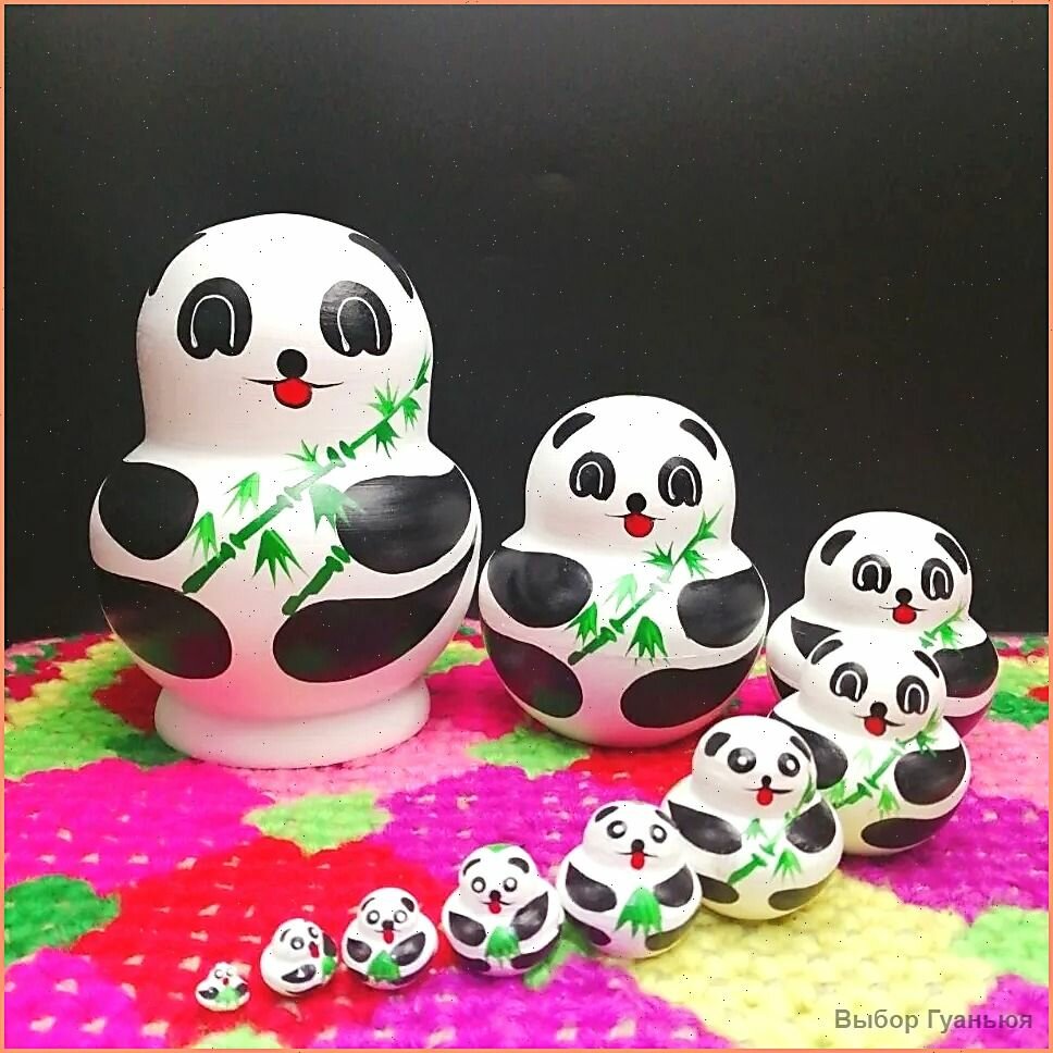 Матрешки "Панда", натуральное дерево, 10 шт, белые с тёмными элементами, высота 15см