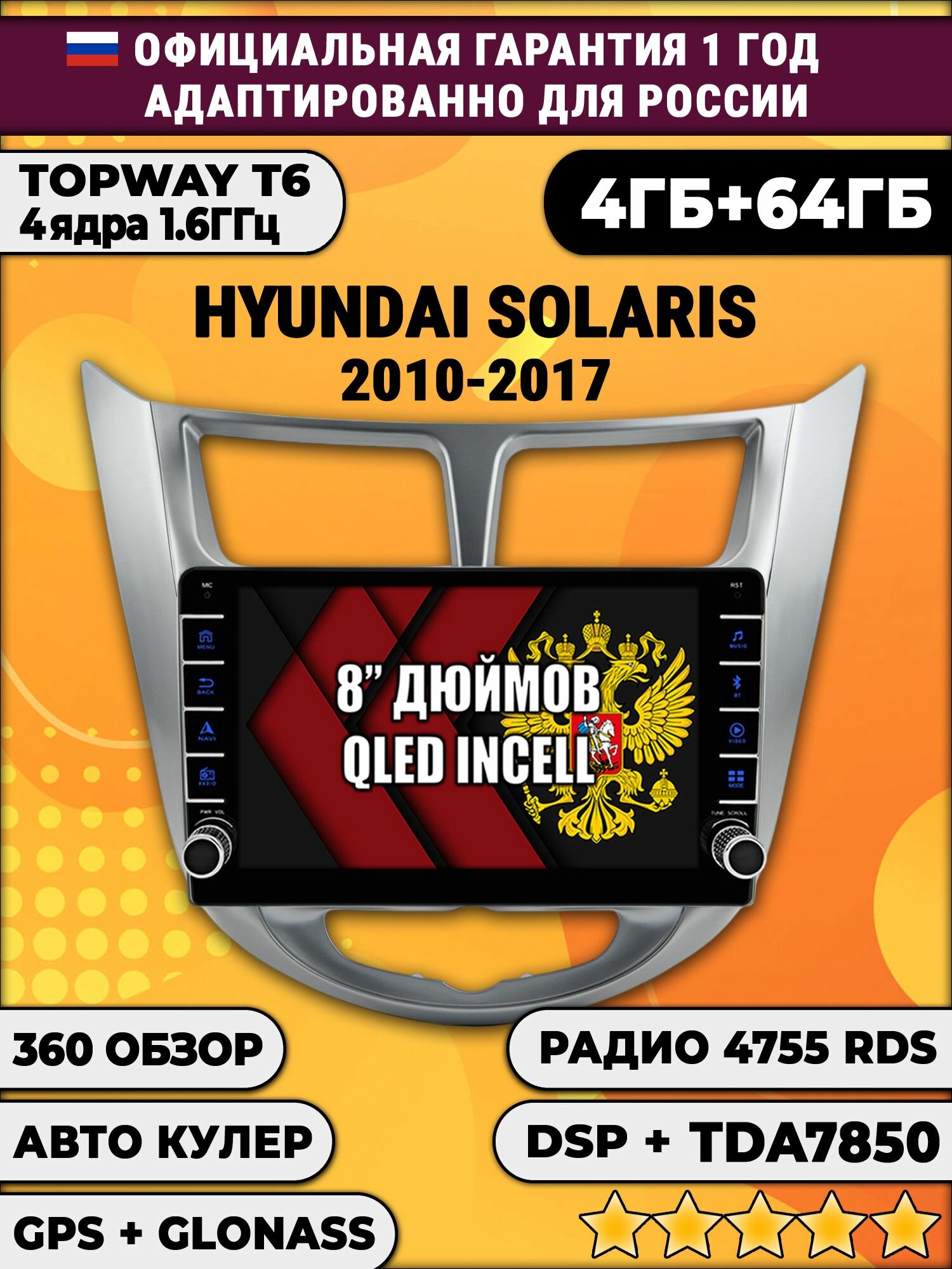 4гб+64гб с DSP и 360 для HYUNDAI SOLARIS (2010 2011 2012 2013 2014 2015 2016 2017) Соларис, Android магнитола с DSP и усилителем TDA7850