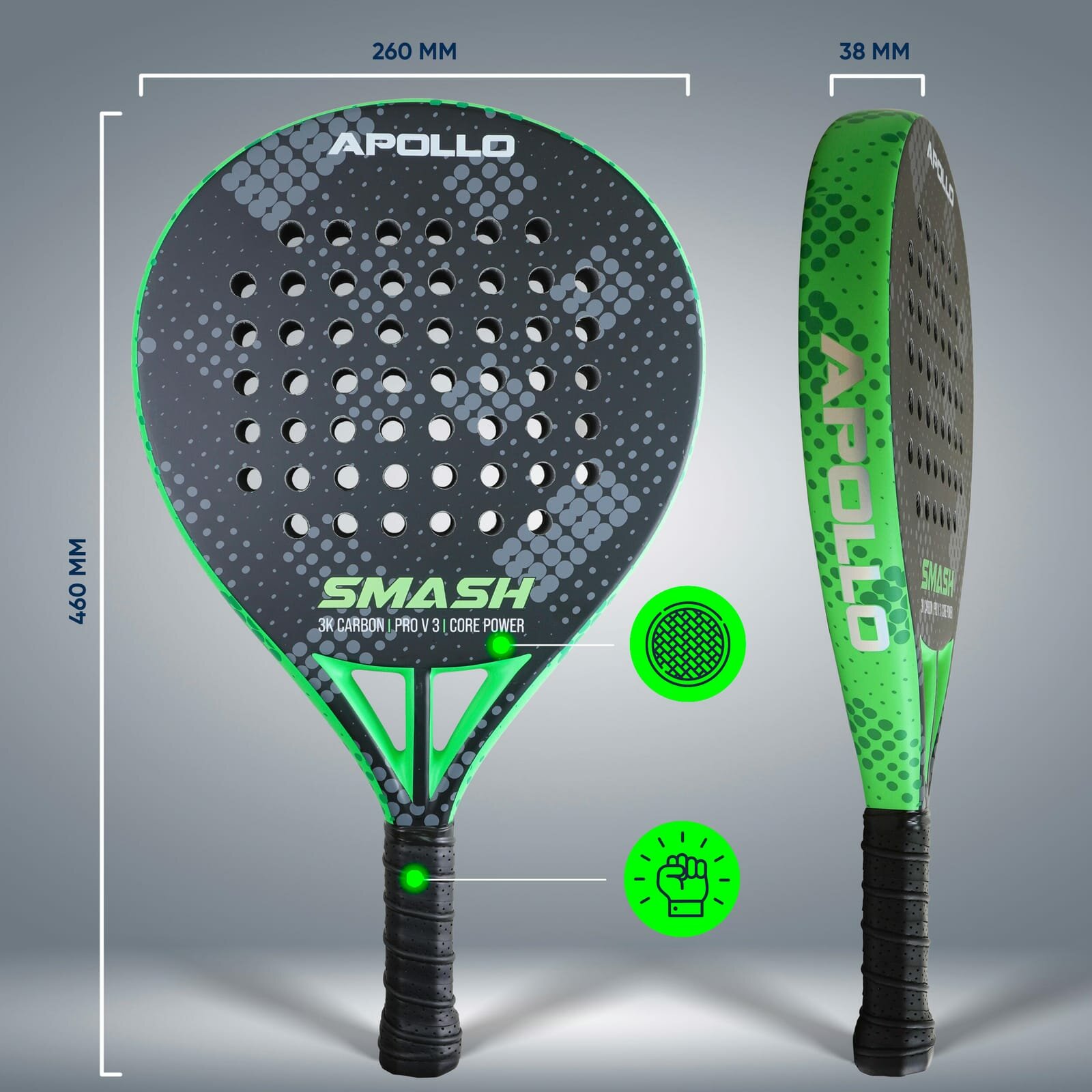 DECATHLON Ракетка для падел тенниса Apollo 3K Smash, зеленый, черный, 2 ракетки