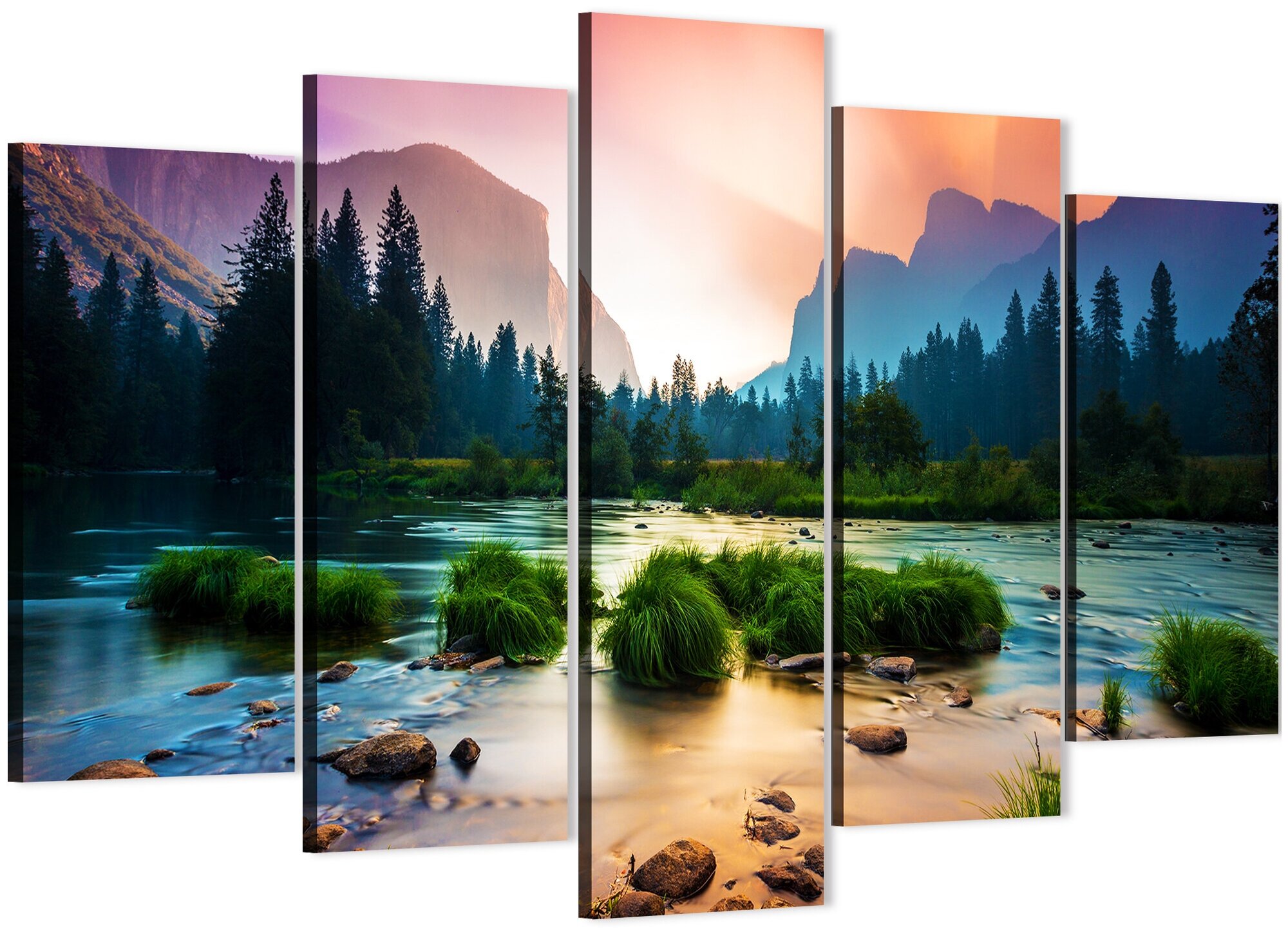 Картина на стену большая / Картина на холсте "Закат над озером в лесу среди гор" 80х125см md0062-