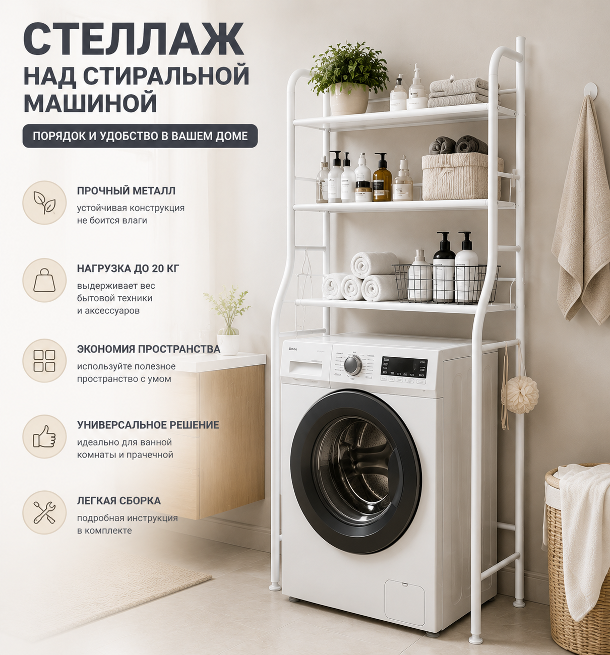 Металлический трёхъярусный стеллаж над стиральной машиной для хранения вещей в ванной и прачечной