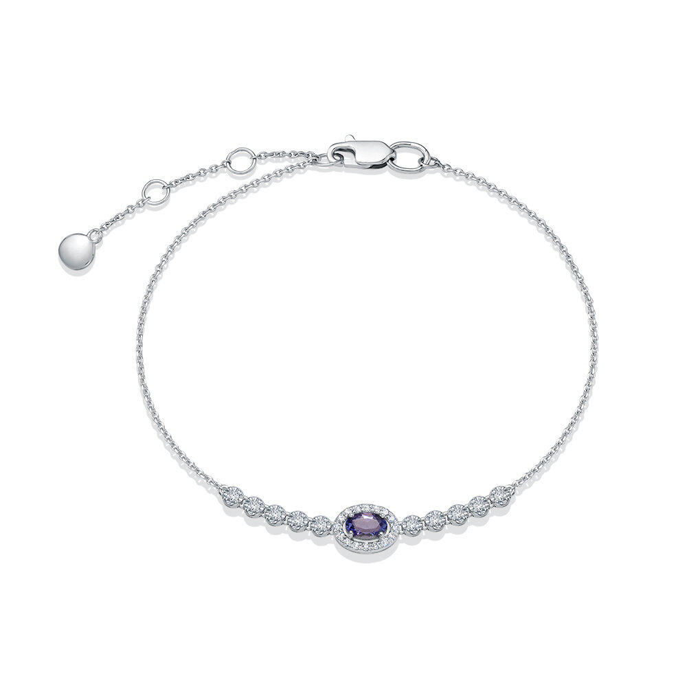 Браслет-цепочка, белое золото, 585 проба, родирование, танзанит